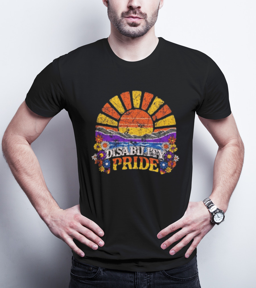 Disability Pride Sunburst With Colorful Flowers And Stripes T-Shirt