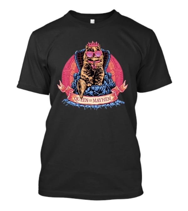 Queen Of Mayhem Cat With Pink Crown And Glasses On Throne T-Shirt