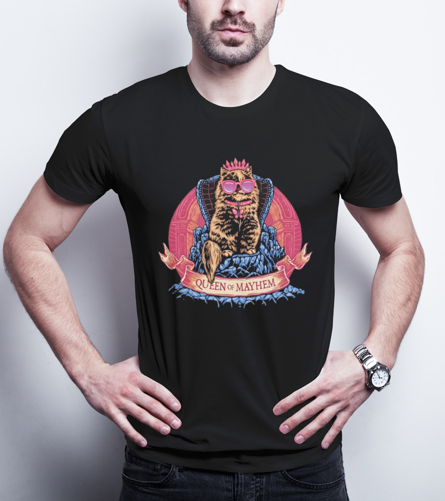 Queen Of Mayhem Cat With Pink Crown And Glasses On Throne T-Shirt