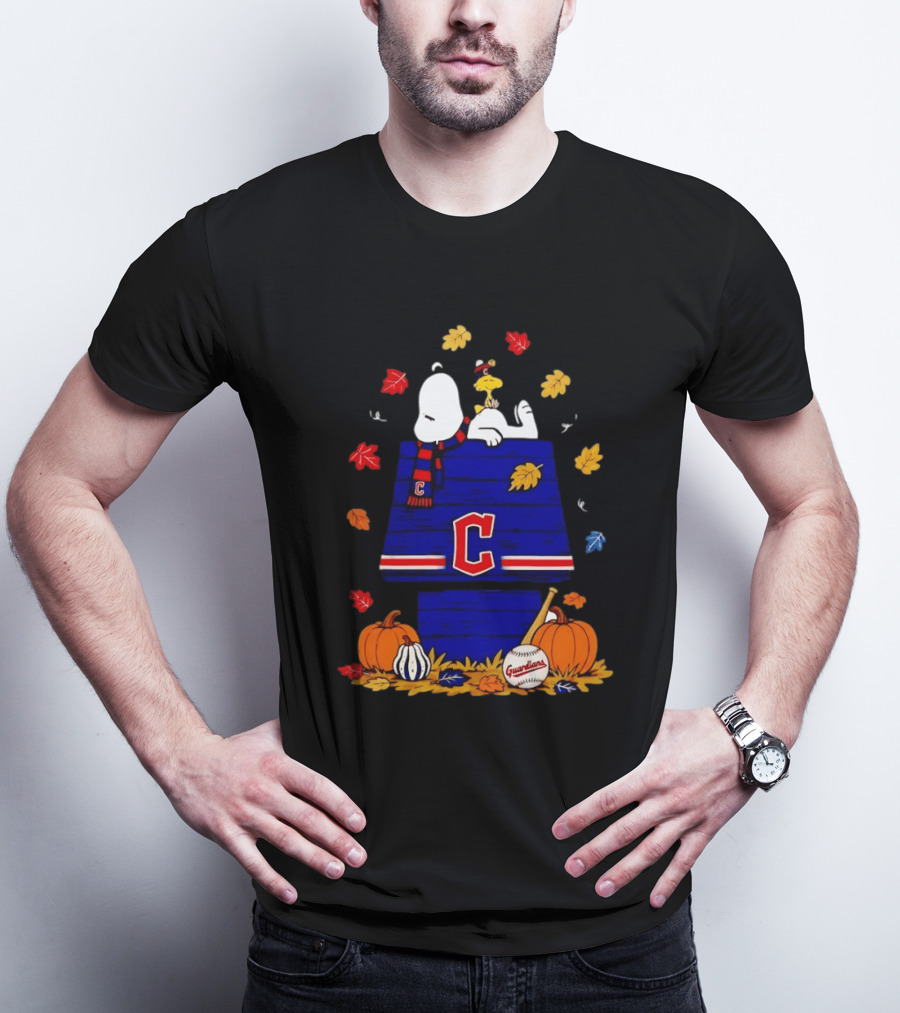 Snoopy Woodstock Cleveland Guardians Fall Baseball Pumpkins Autumn Leaves T-Shirt
