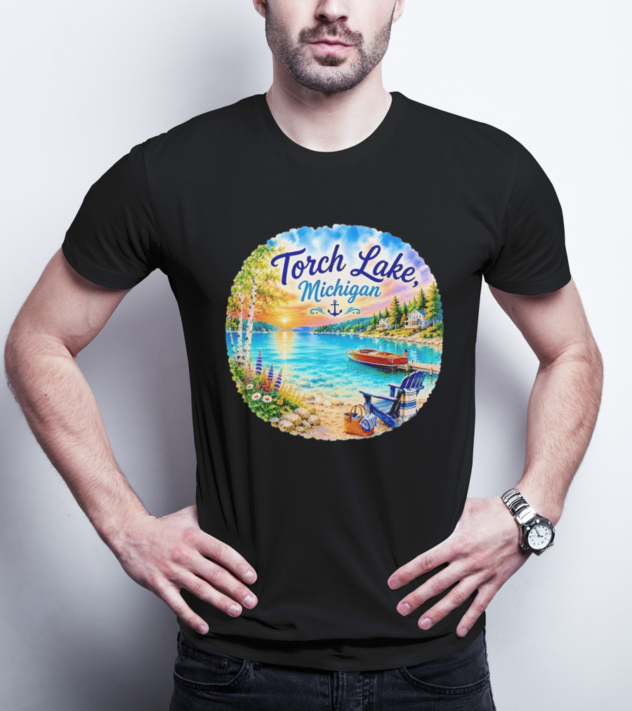 Torch Lake Michigan Sunset Scenic Lakeside Anchor T-Shirt