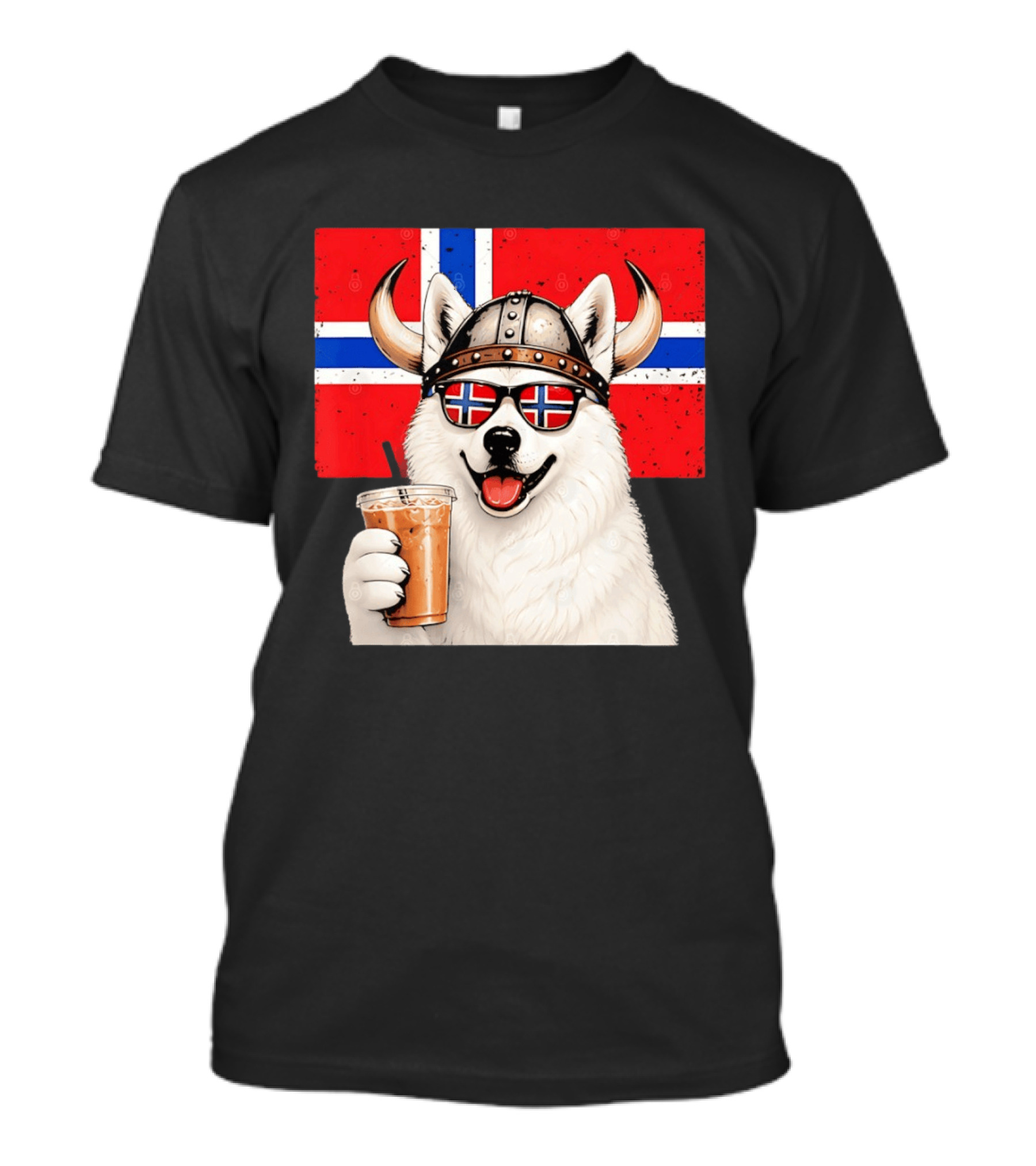 Viking Husky With Norwegian Flag Glasses And Iced Coffee T-Shirt