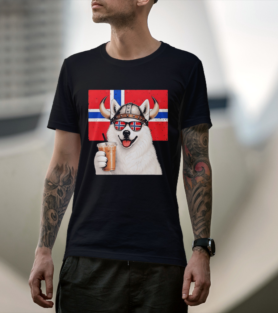 Viking Husky With Norwegian Flag Glasses And Iced Coffee T-Shirt