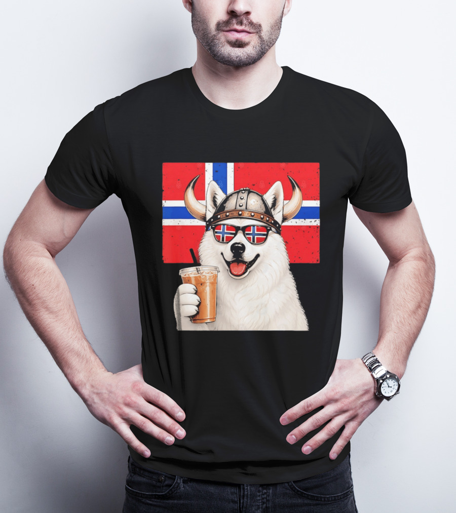 Viking Husky With Norwegian Flag Glasses And Iced Coffee T-Shirt