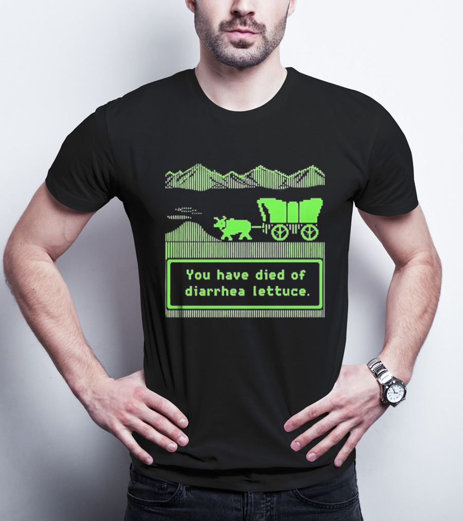 You Have Died Of Diarrhea Lettuce Oregon Trail Wagon Pixelated Retro Text Green T-Shirt
