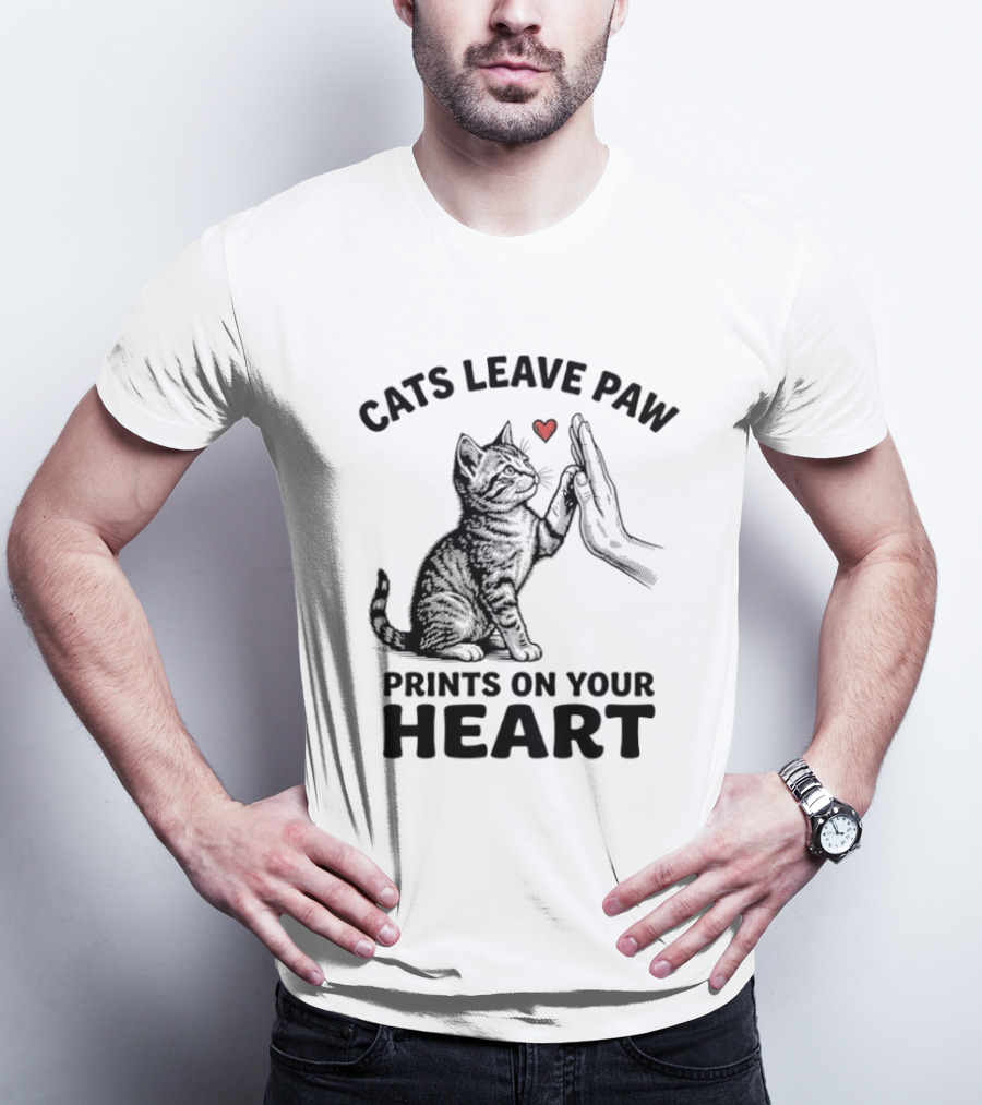 Cats Leave Paw Prints On Your Heart With Hand And Paw High Five T-Shirt