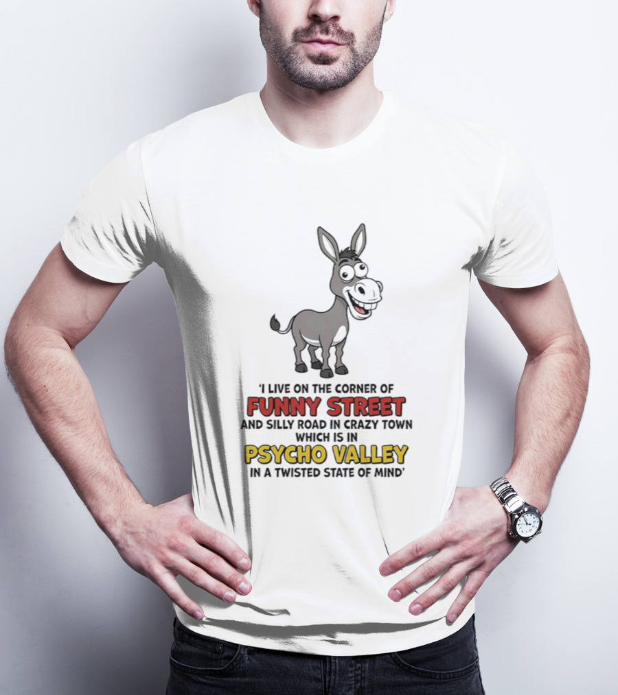 Donkey I Live On The Corner Of Funny Street And Silly Road In Crazy Town Psycho Valley In A Twisted State Of Mind T-Shirt