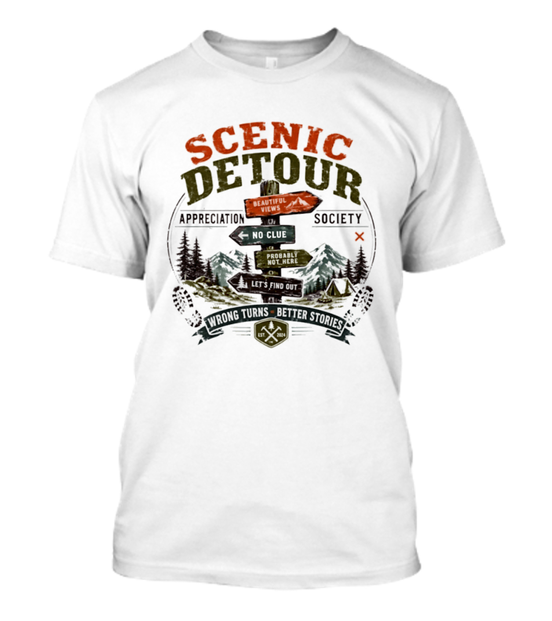 Scenic Detour Appreciation Society No Clue Adventure Awaits Better Stories T-Shirt