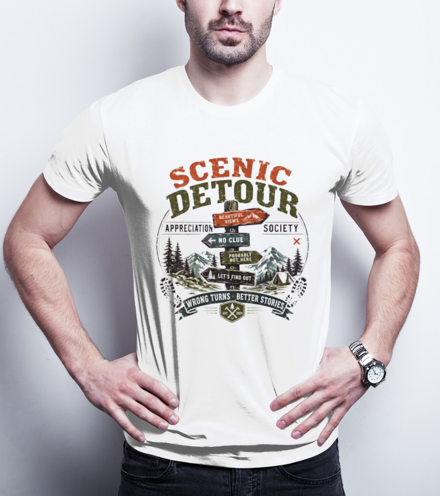 Scenic Detour Appreciation Society No Clue Adventure Awaits Better Stories T-Shirt