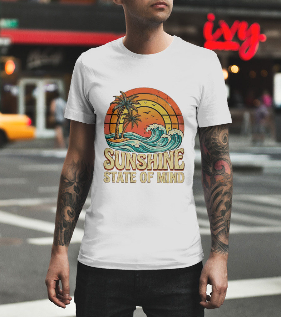 Sunshine State Of Mind Palm Trees Crashing Waves Sunset T-Shirt