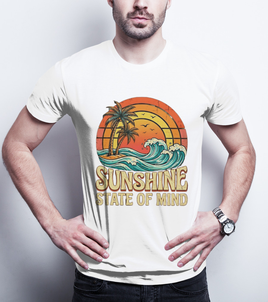 Sunshine State Of Mind Palm Trees Crashing Waves Sunset T-Shirt