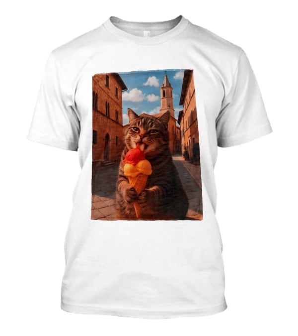 Tabby Cat Eating Ice Cream Cone In Italian Village Street Scene T-Shirt