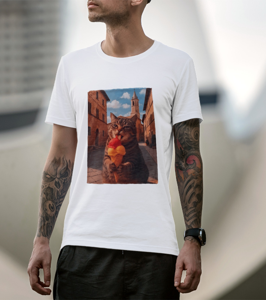 Tabby Cat Eating Ice Cream Cone In Italian Village Street Scene T-Shirt