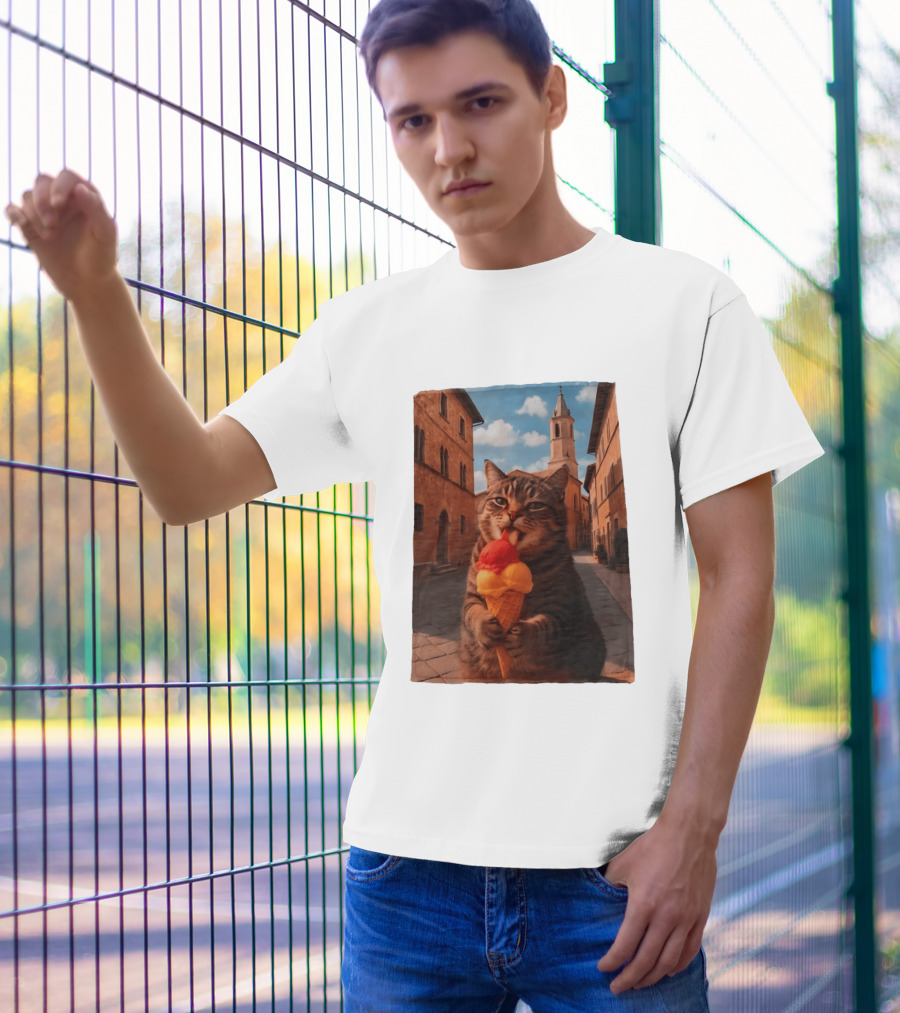 Tabby Cat Eating Ice Cream Cone In Italian Village Street Scene T-Shirt