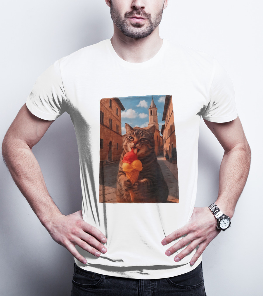Tabby Cat Eating Ice Cream Cone In Italian Village Street Scene T-Shirt