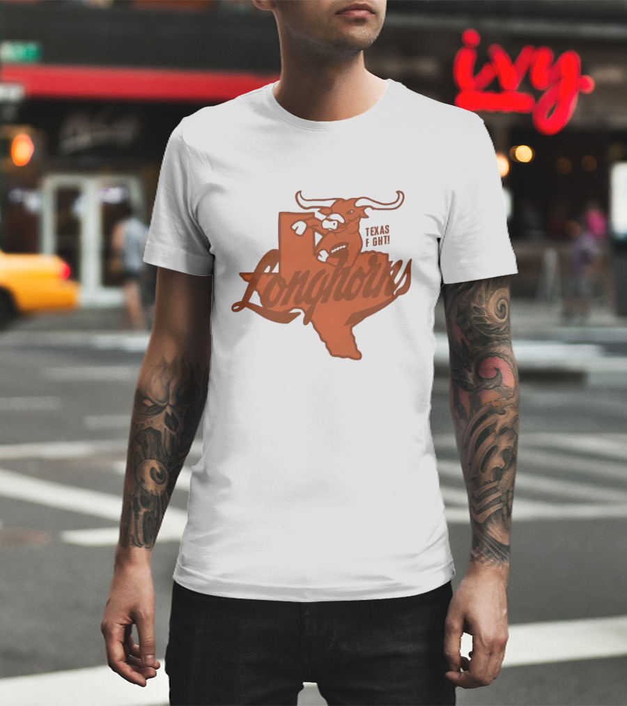Texas Longhorns Bull Head Texas State Shape Texas Fight Football T-Shirt