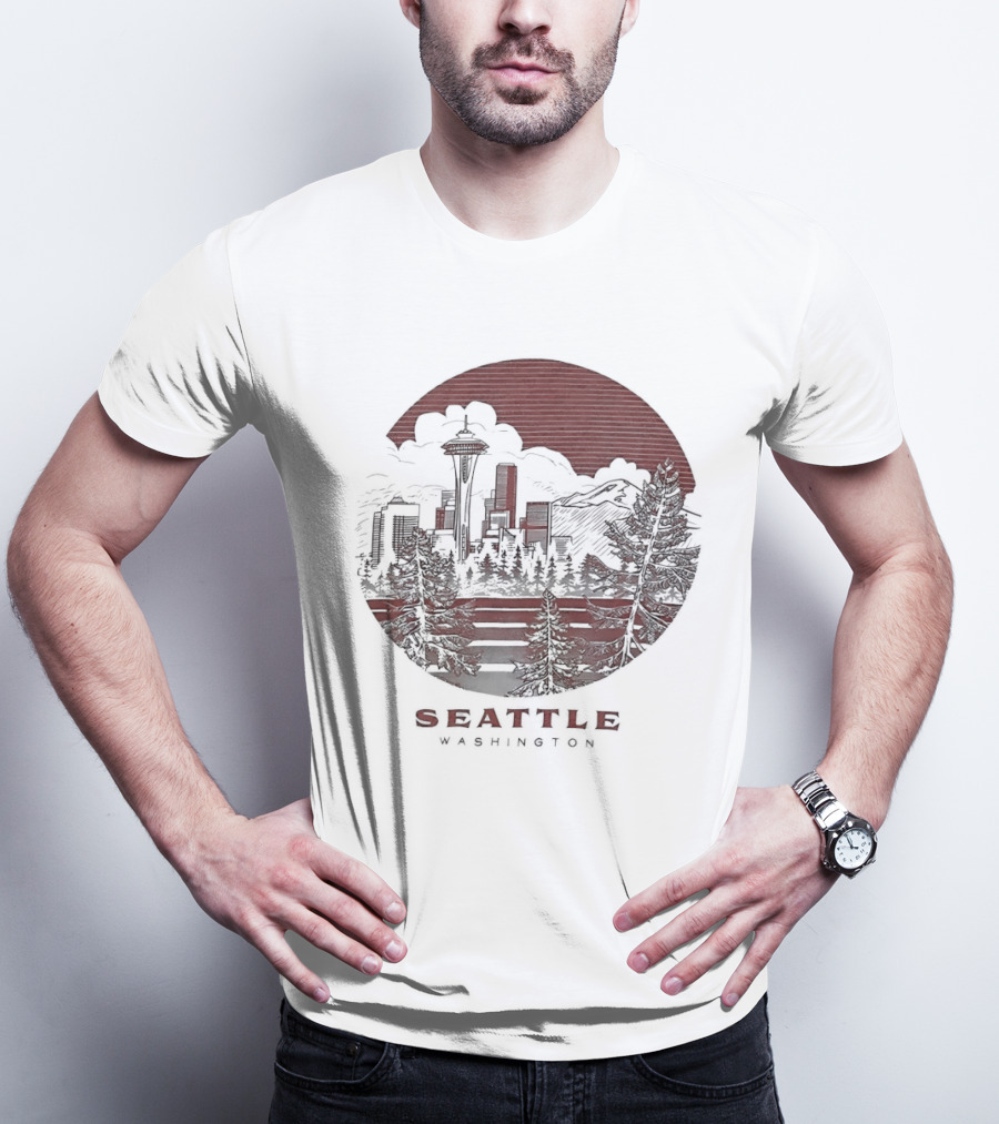 Seattle Washington Skyline Space Needle Mountains Forest T-Shirt