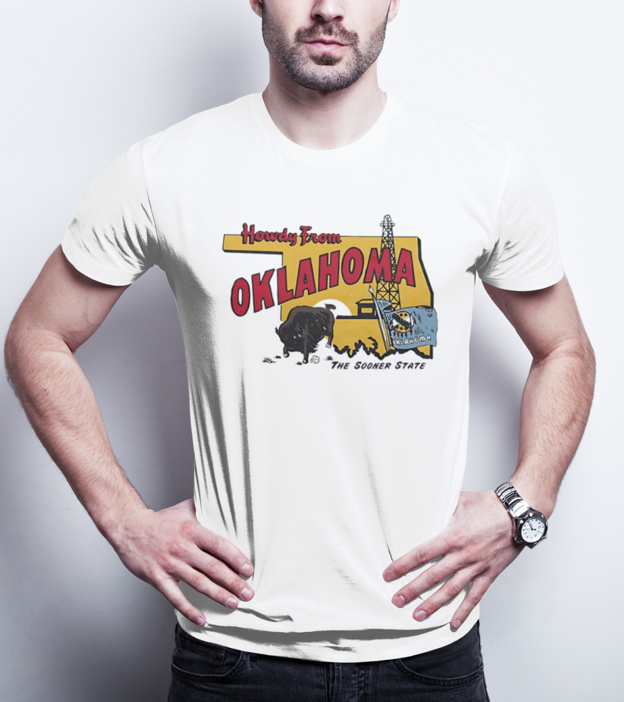 Howdy From Oklahoma The Sooner State Bison With Oil Derrick And Flag T-Shirt