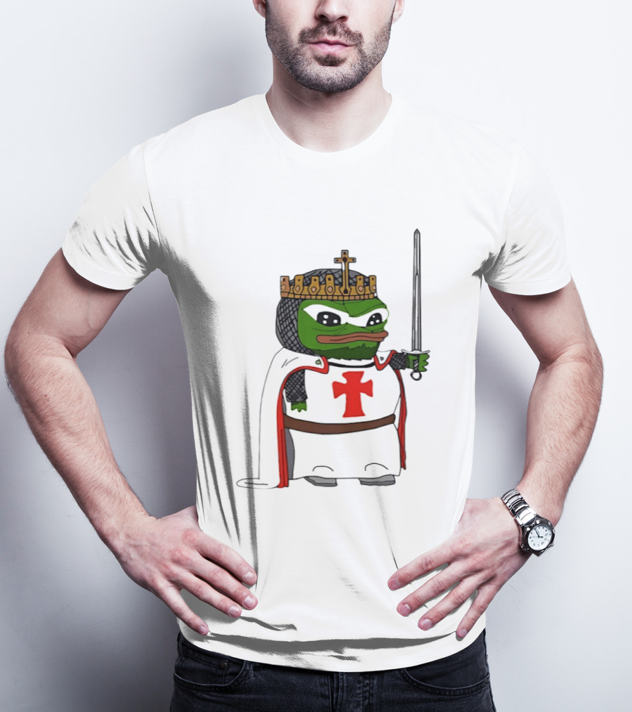 Pepe The Frog King Holding Sword Medieval Crusader Knight With Crown And Cape T-Shirt