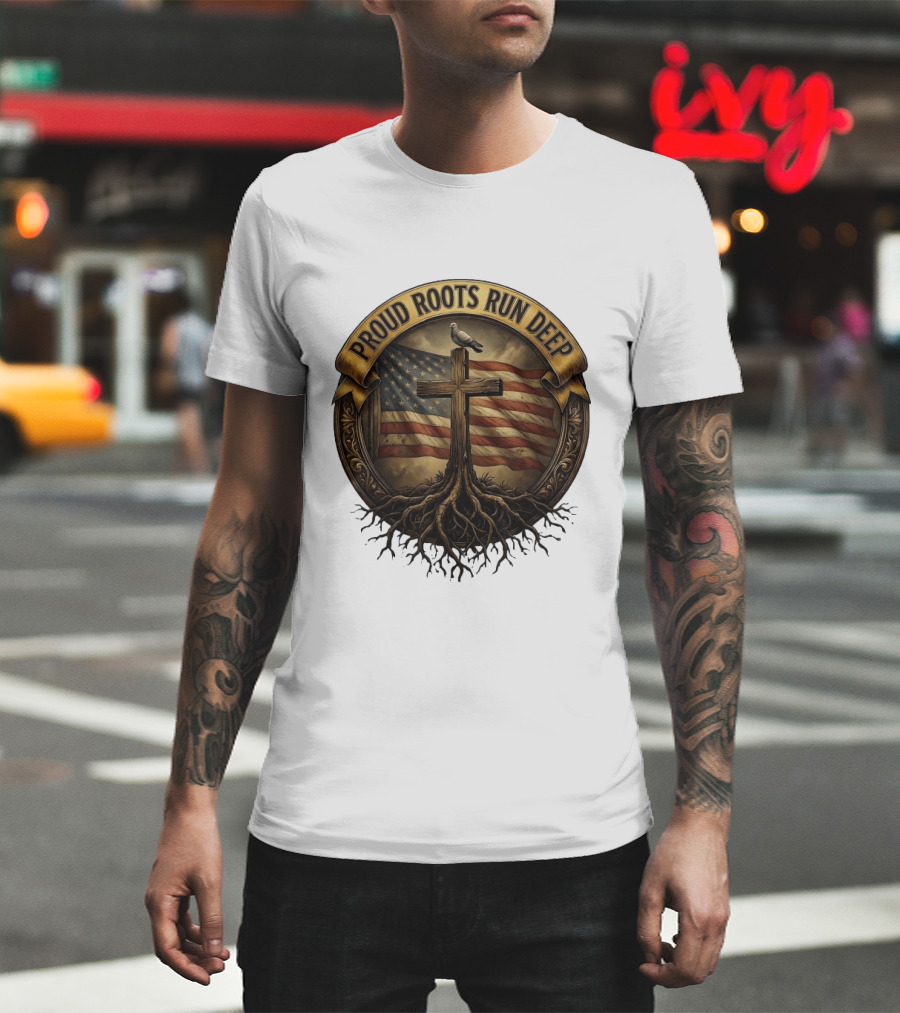 Proud Roots Run Deep Cross Dove American Flag Roots T-Shirt