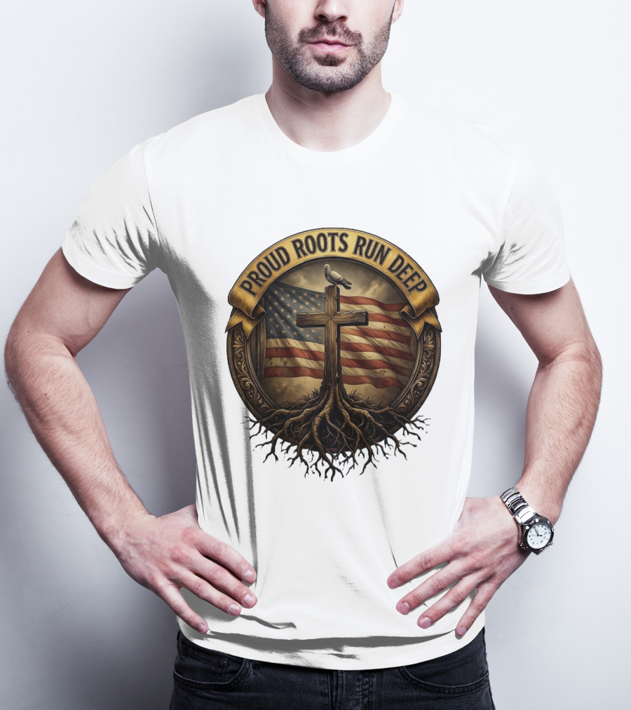 Proud Roots Run Deep Cross Dove American Flag Roots T-Shirt