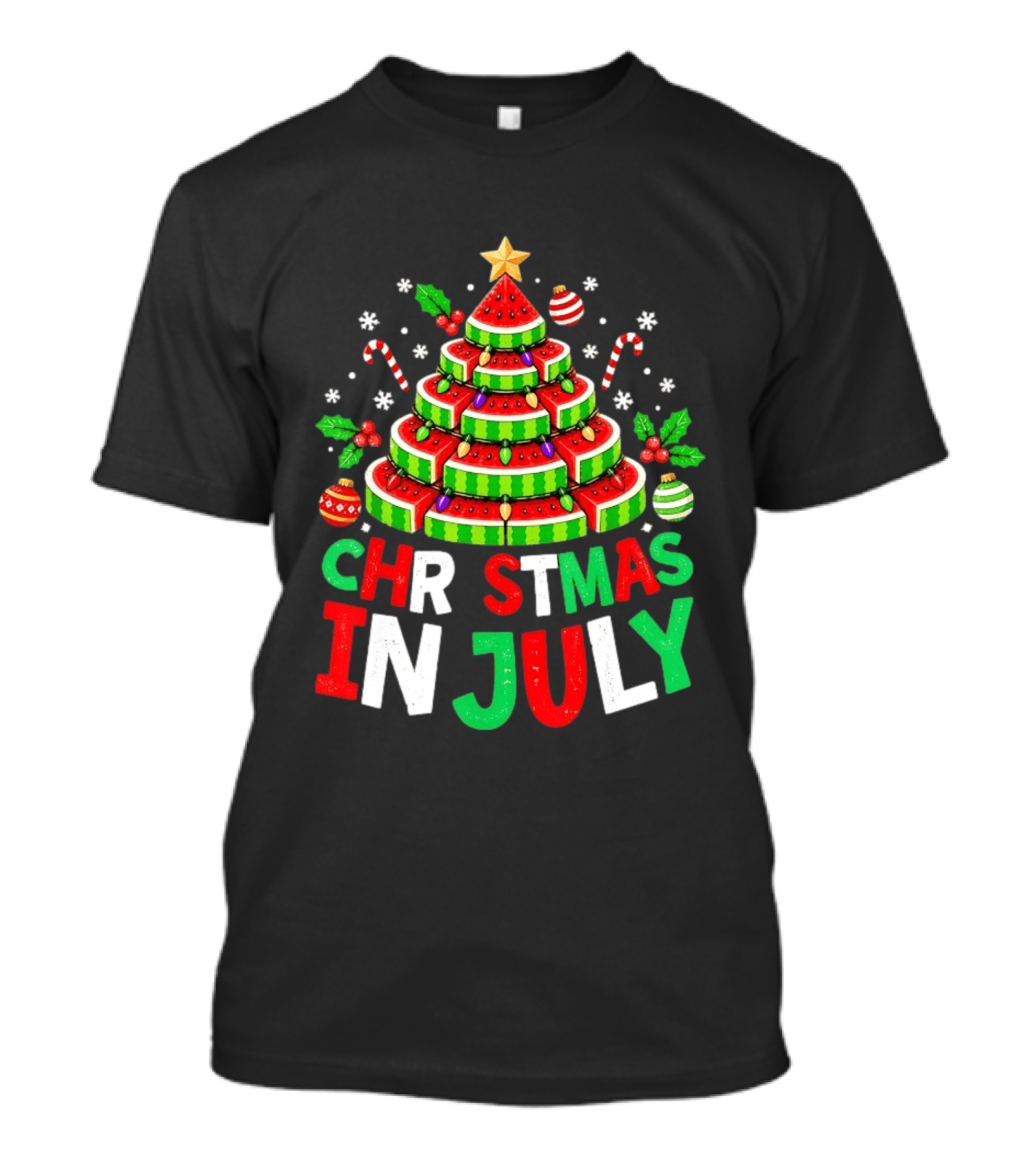 Christmas In July Watermelon Tree With String Lights And Candy Canes T-Shirt
