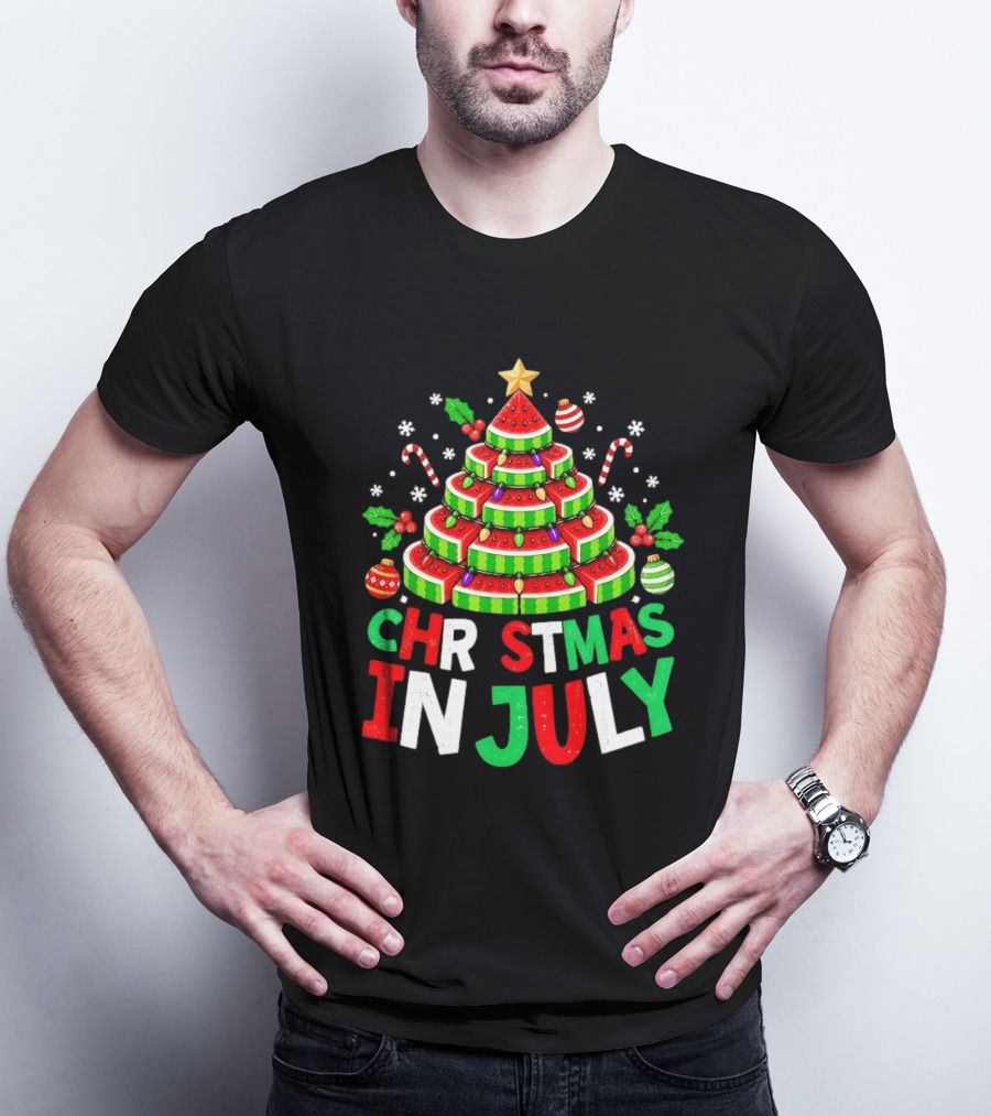 Christmas In July Watermelon Tree With String Lights And Candy Canes T-Shirt