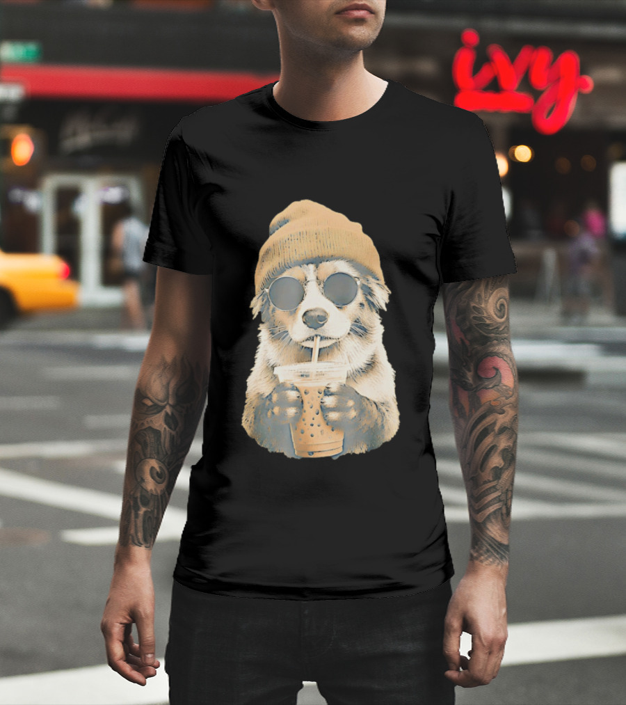 Cozy Dog In Beanie And Sunglasses Enjoying Iced Boba Tea T-Shirt