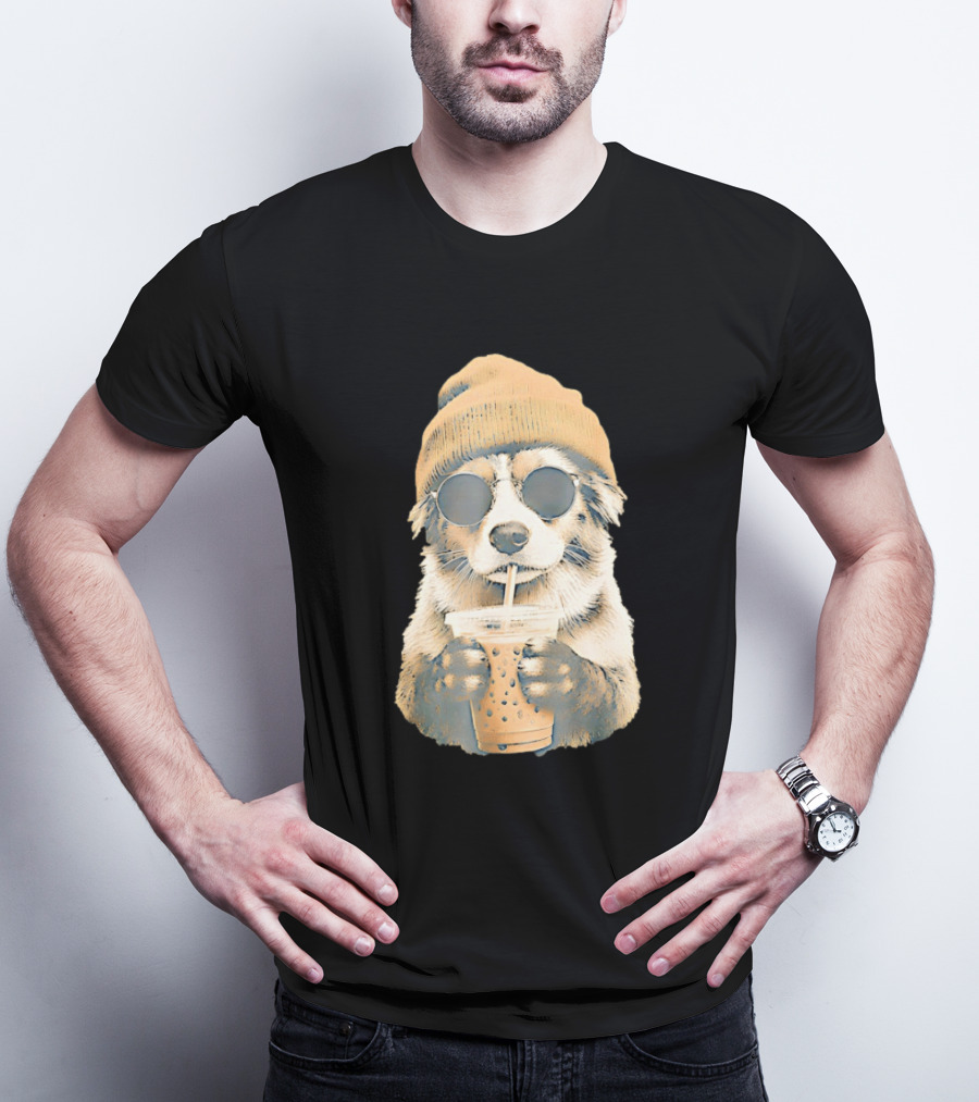 Cozy Dog In Beanie And Sunglasses Enjoying Iced Boba Tea T-Shirt