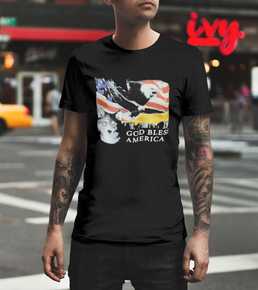 God Bless America Bald Eagle Wolf And American Flag Patriotic T-Shirt
