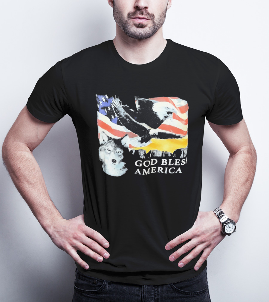God Bless America Bald Eagle Wolf And American Flag Patriotic T-Shirt