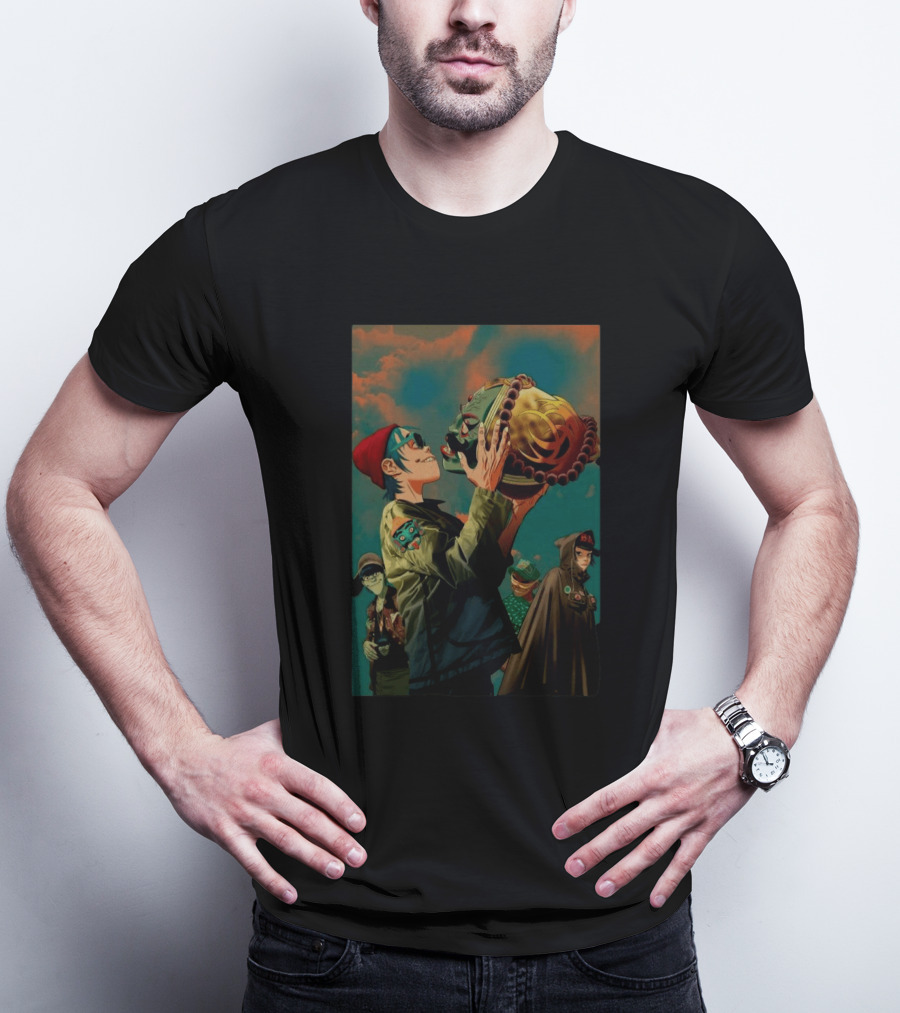 Gorillaz 2D Holding Mask Art With Band Members T-Shirt