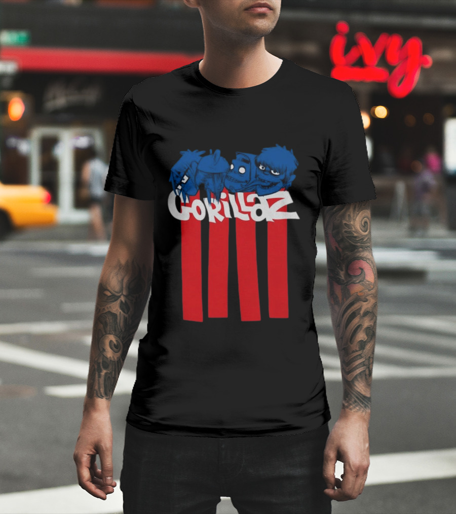 GORILLAZ Pez Heads Characters Red Stripes T-Shirt