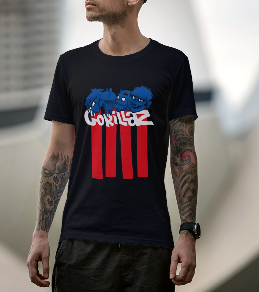 GORILLAZ Pez Heads Characters Red Stripes T-Shirt