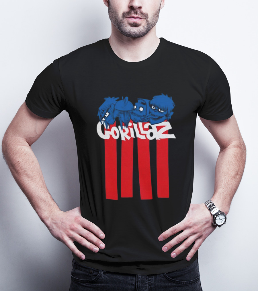 GORILLAZ Pez Heads Characters Red Stripes T-Shirt