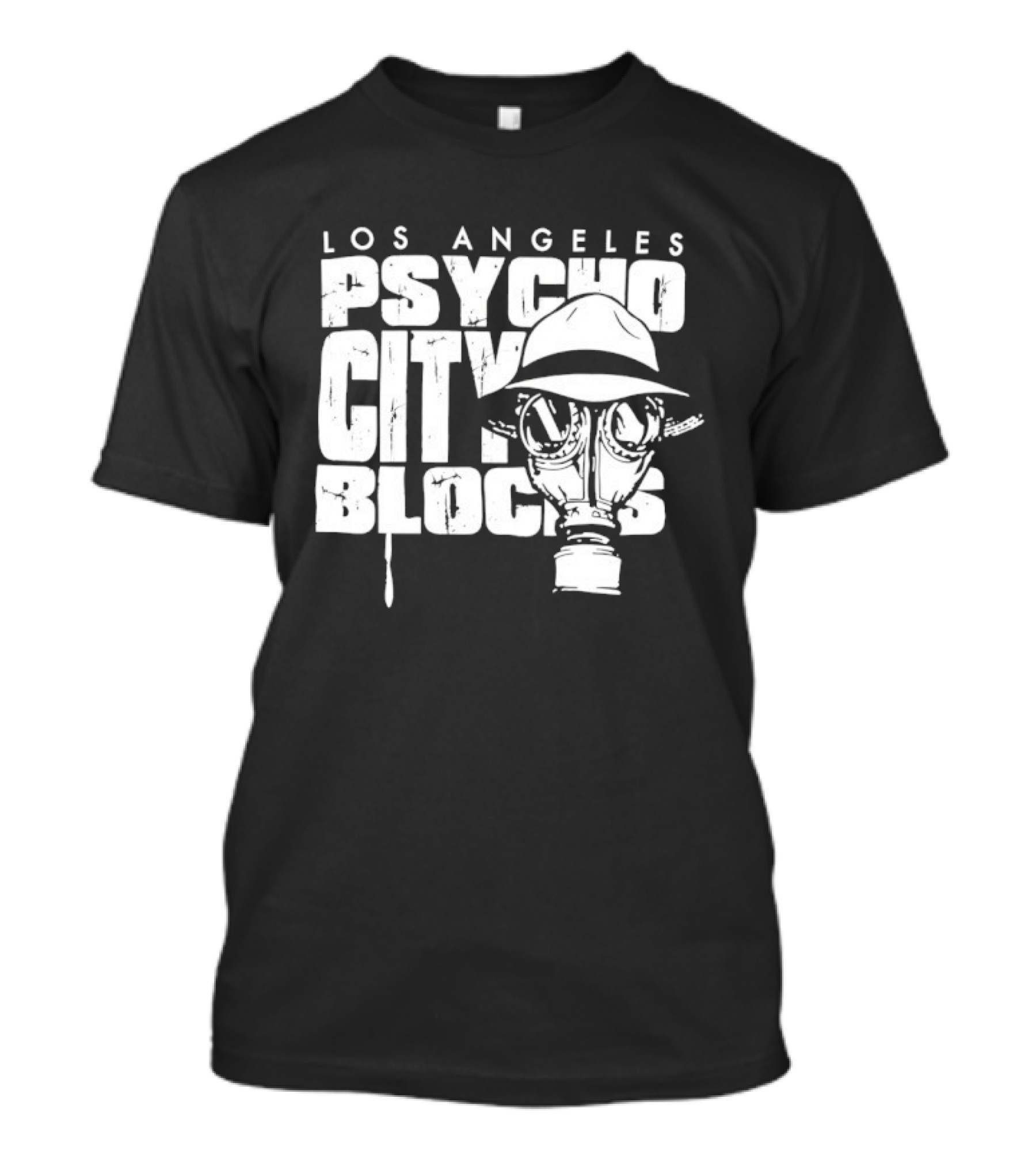 Los Angeles Psycho City Blocks Gas Mask Helmet Bold Lettering T-Shirt
