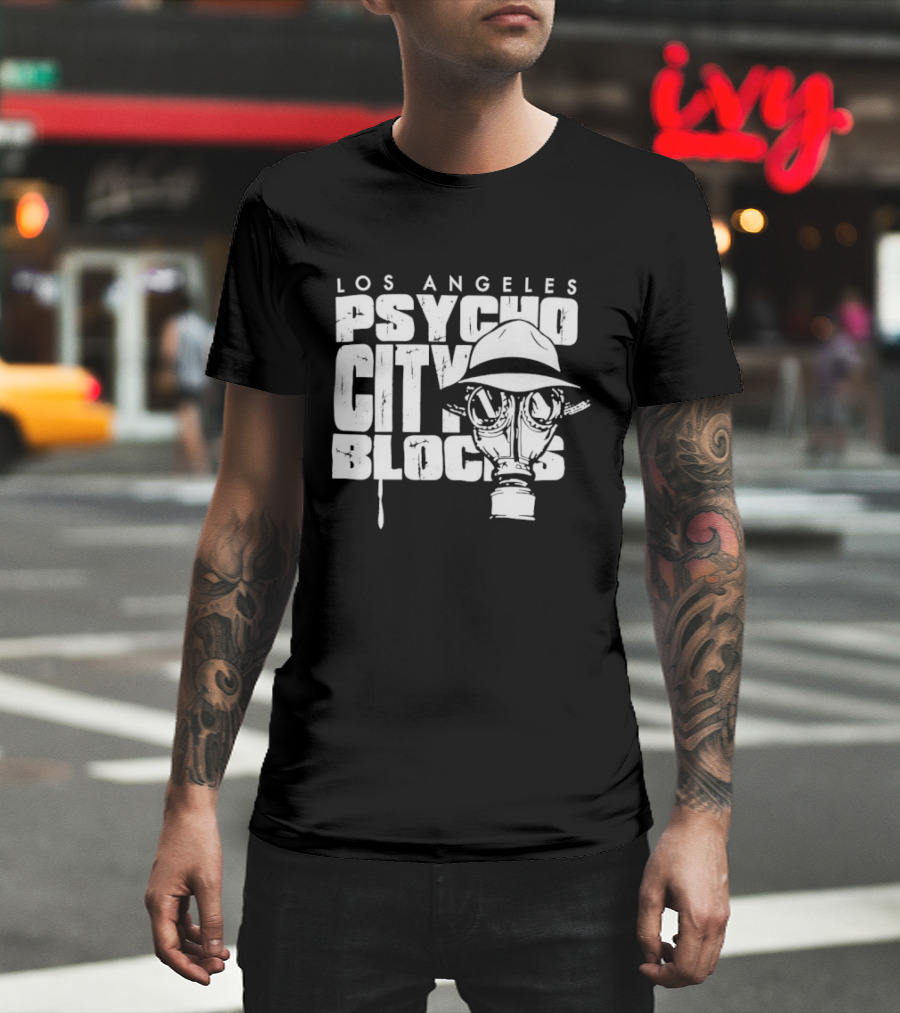Los Angeles Psycho City Blocks Gas Mask Helmet Bold Lettering T-Shirt