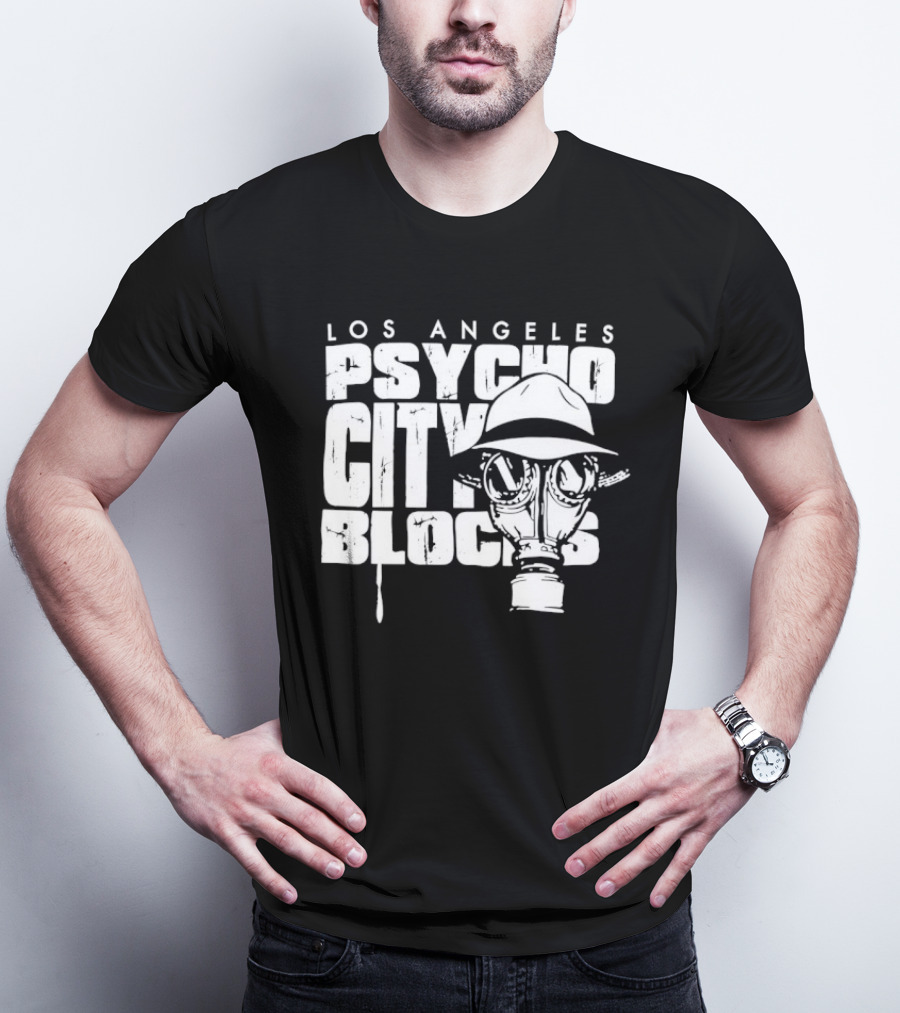 Los Angeles Psycho City Blocks Gas Mask Helmet Bold Lettering T-Shirt