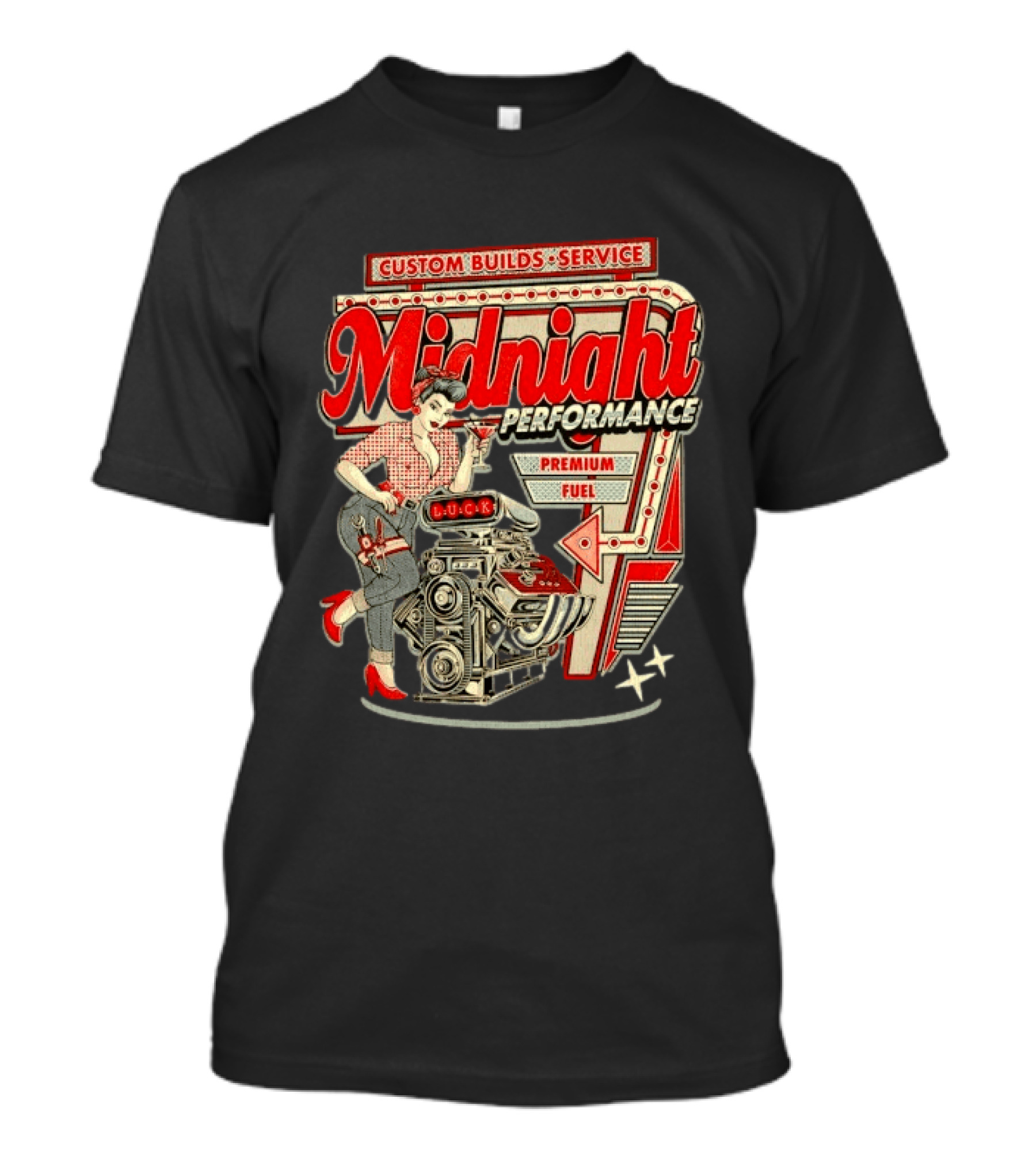 Midnight Performance Custom Builds Service Premium Fuel Retro Pin Up T-Shirt