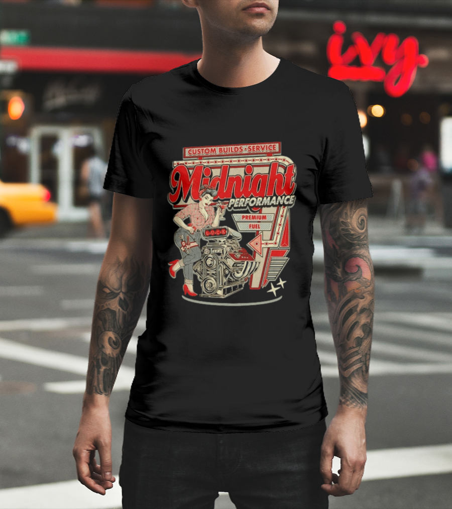Midnight Performance Custom Builds Service Premium Fuel Retro Pin Up T-Shirt
