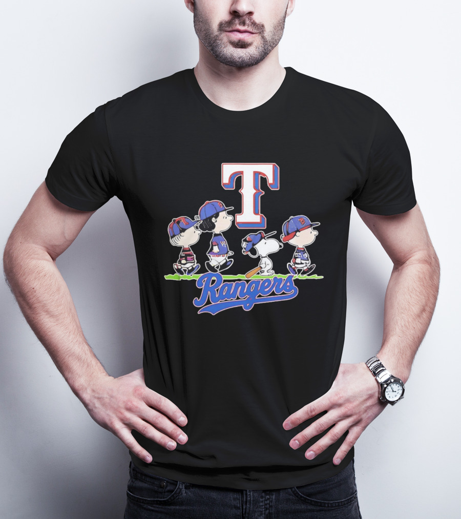 Peanuts Characters Walking With Texas Rangers Baseball Team T-Shirt