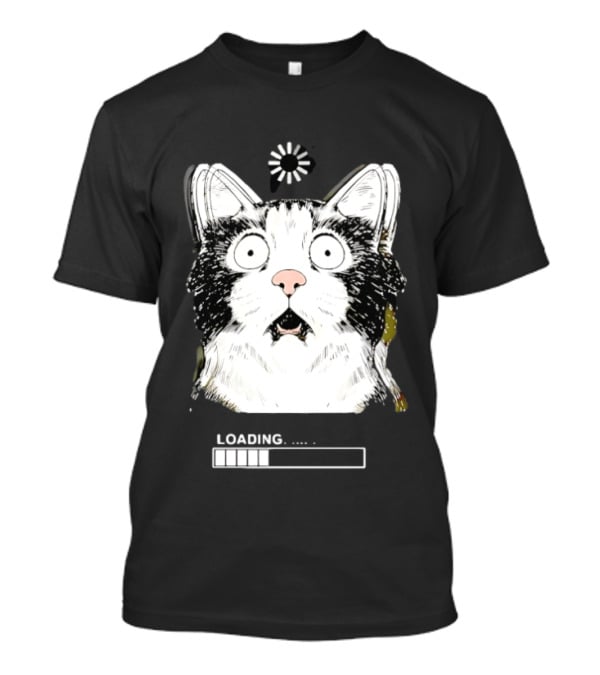 Startled Tuxedo Cat Staring Wide Eyed Beside Loading Progress Bar Meme T-Shirt