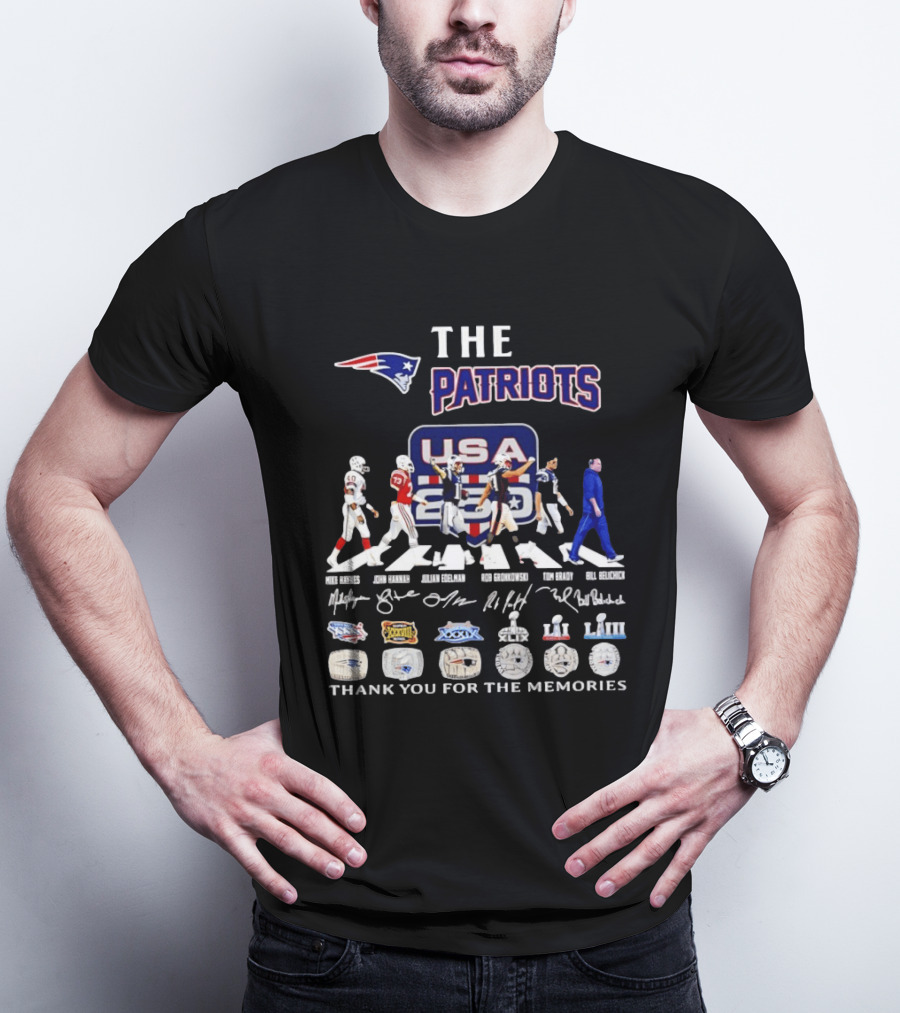 The Patriots USA 250 Thank You For The Memories With Player Signatures And Super Bowl Logos T-Shirt