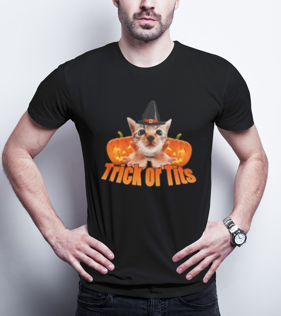 Trick Or Tits Halloween Cat Witch Pumpkin Hat T-Shirt