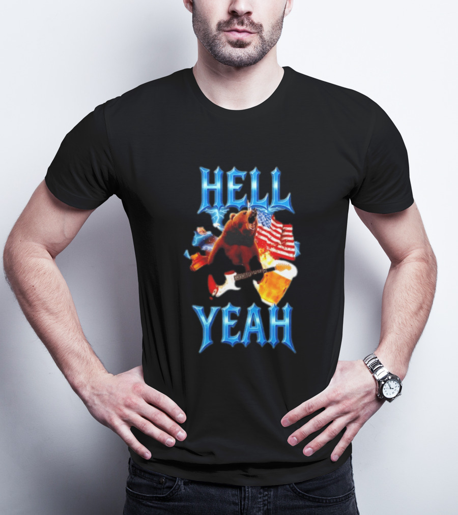 Hell Yeah Bear American Flag Guitar Beer Celebration T-Shirt