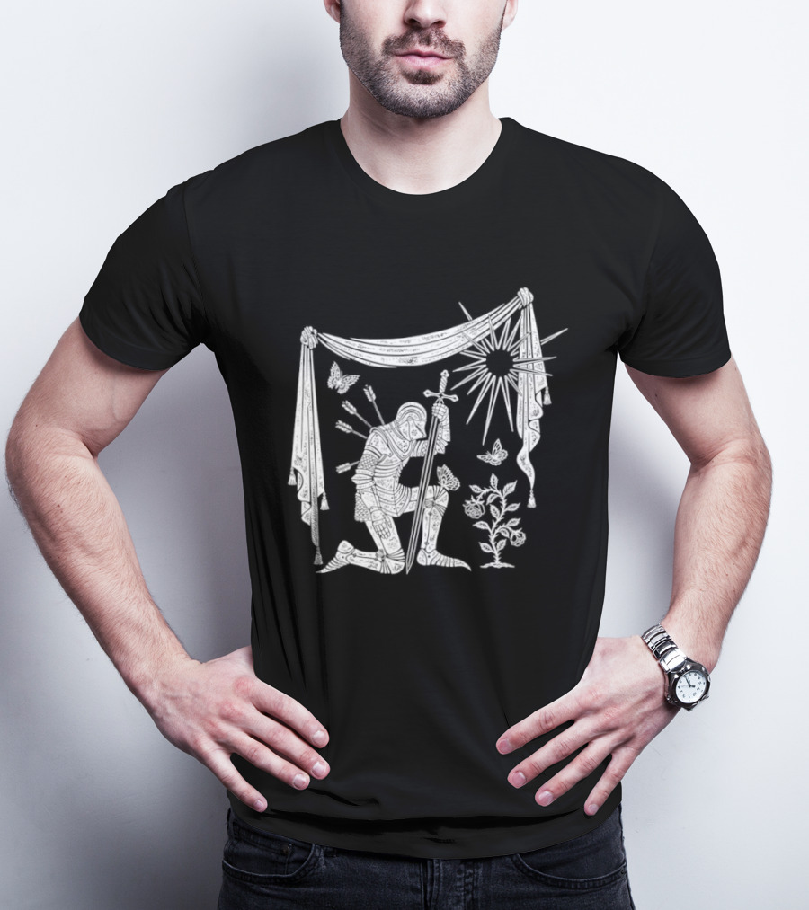 Knight Kneeling With Sword And Arrows Medieval Warrior Sun And Nature Motif T-Shirt