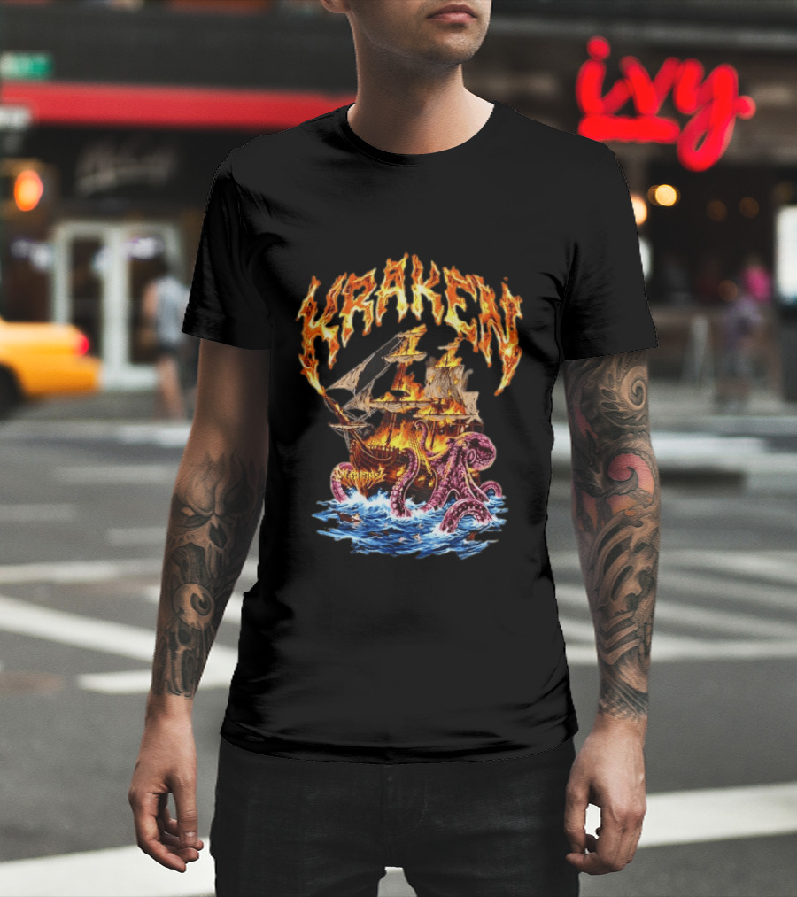 Kraken Nautical Myths Burning Ship Octopus Attack T-Shirt