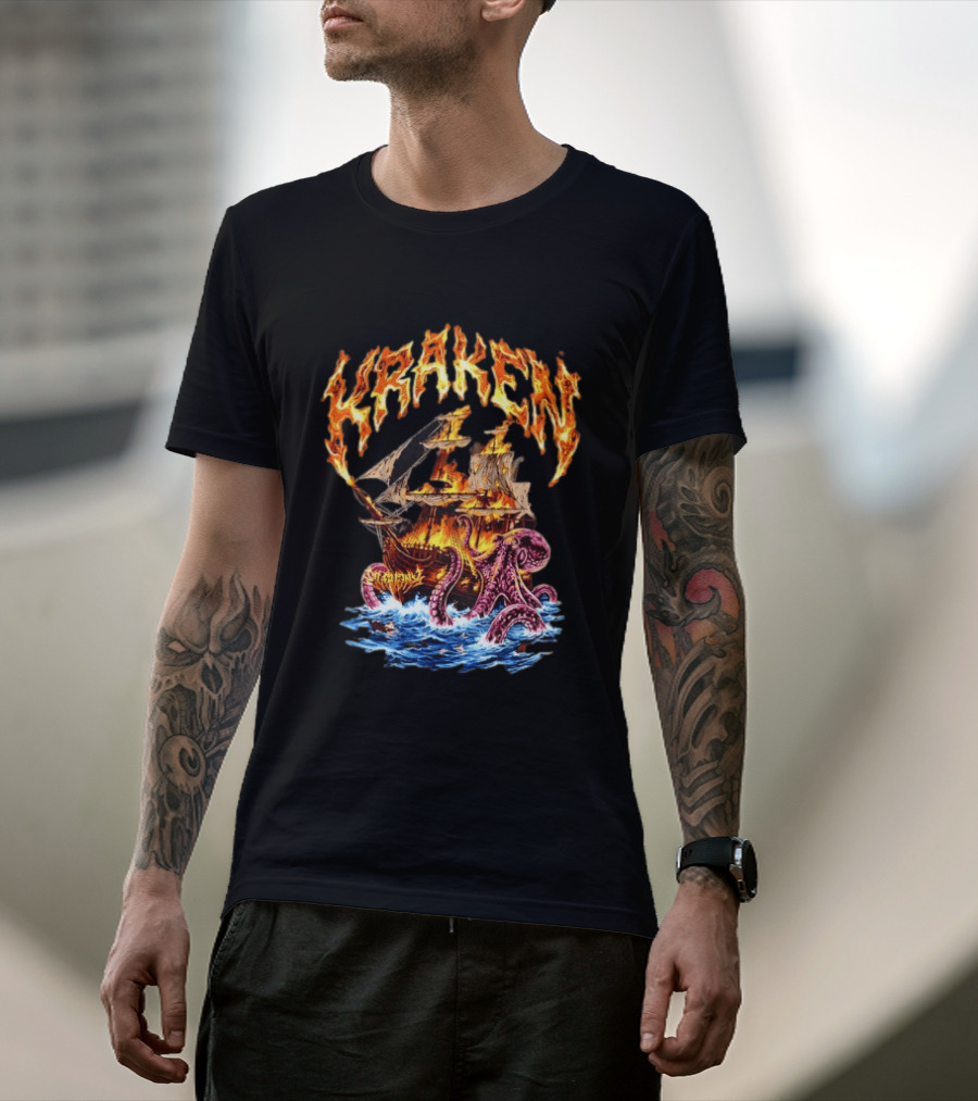 Kraken Nautical Myths Burning Ship Octopus Attack T-Shirt
