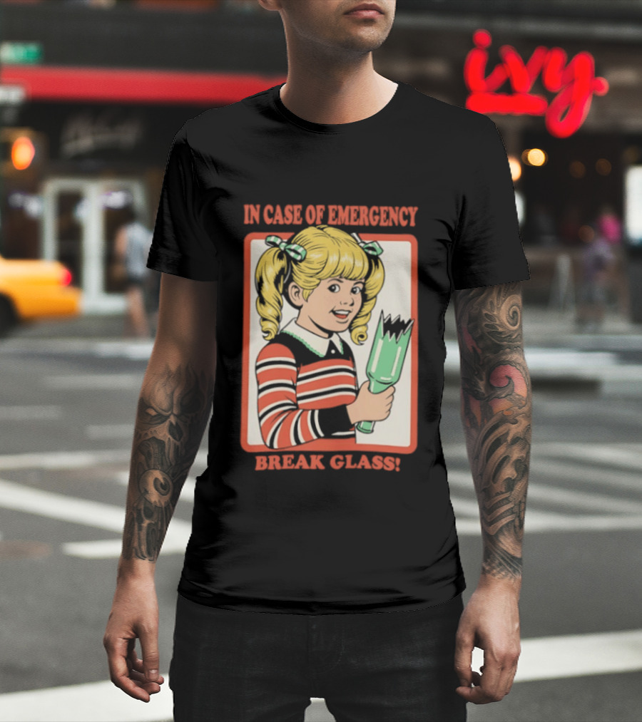 In Case Of Emergency Break Glass Blonde Girl With Striped Sweater Holding Broken Bottle T-Shirt