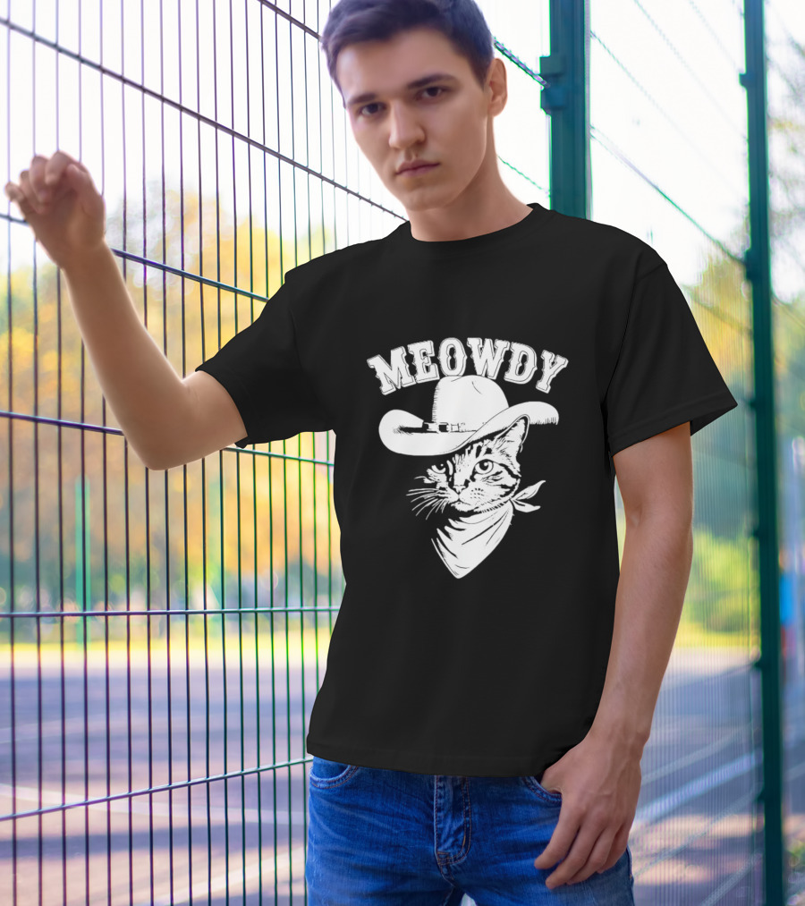 Meowdy Cowboy Cat With Bandana Western Hat Wrangler T-Shirt